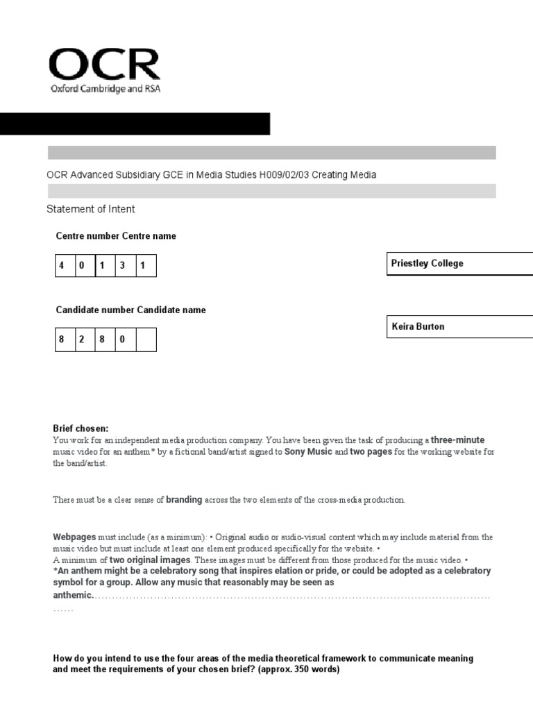 Statement of Intent Form PDF | PDF | Communication | Mass Media