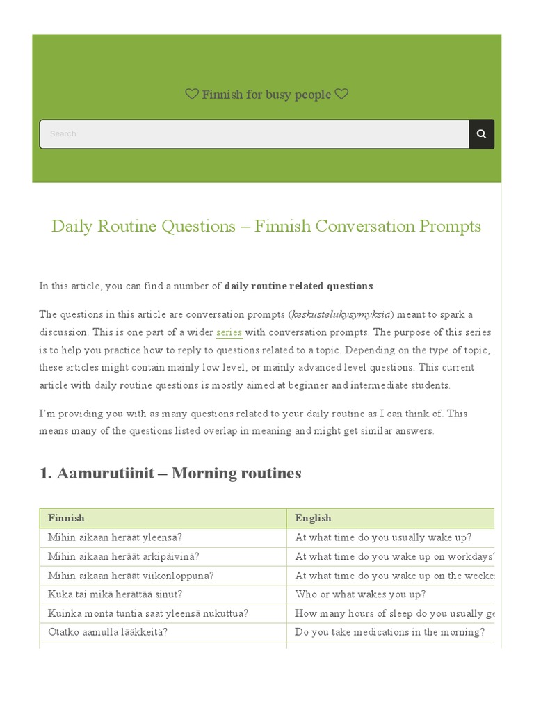 Daily Routine Questions - Finnish Conversation Prompts | PDF