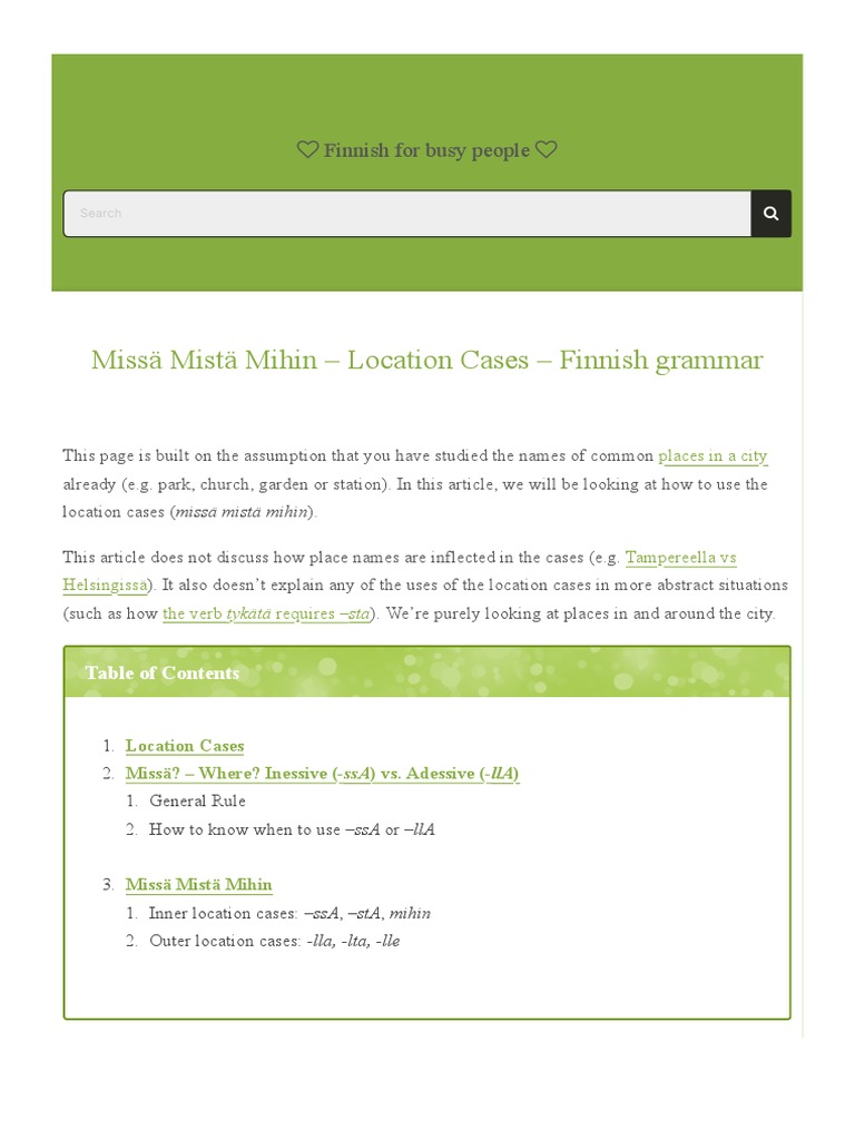 Missä Mistä Mihin - Location Cases - Finnish Grammar - Uusi Kielemme ...
