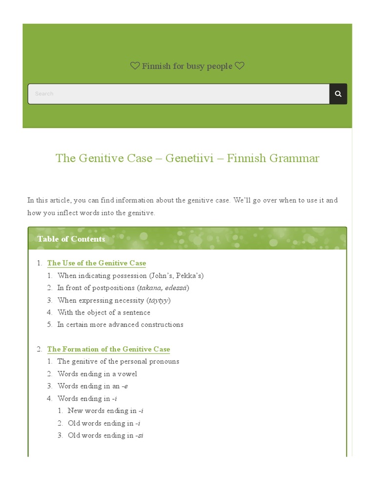 The Genitive Case - Genetiivi - Finnish Grammar - Uusi Kielemme | PDF ...