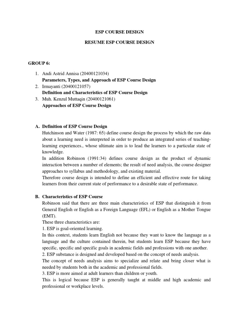 Esp Course Design Klp 6 Pdf Pdf Learning English As A Second Or