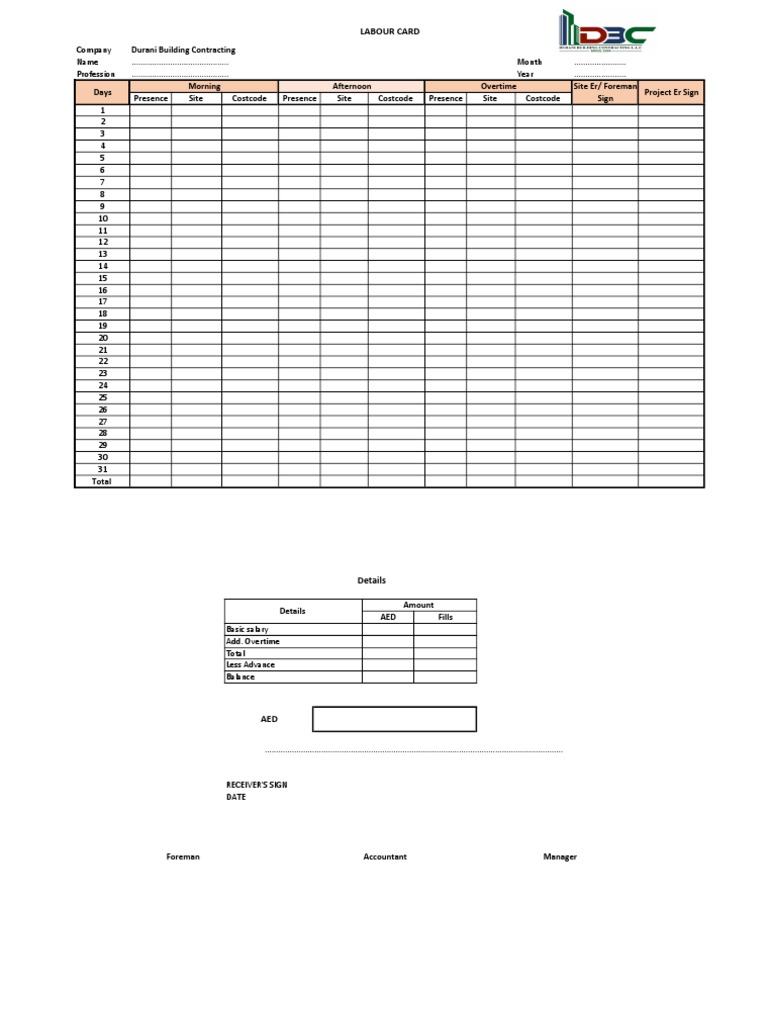 Labour Card Template for Construction Projects | PDF