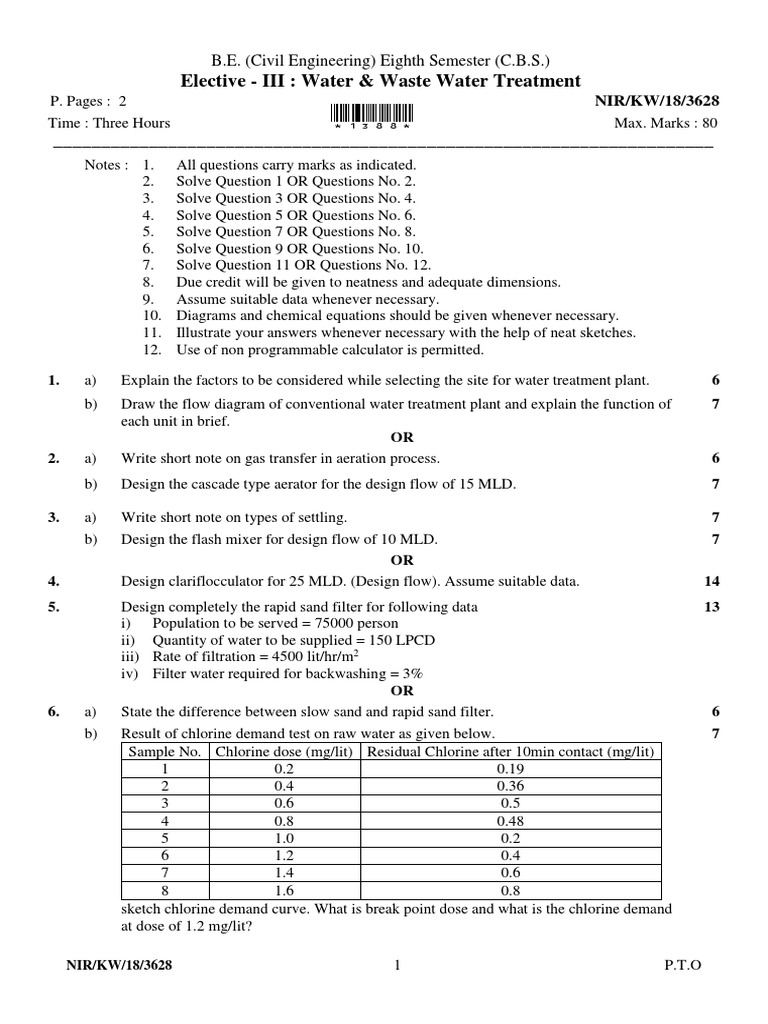 Ce 8 Sem Water and Waste Water Treatment Winter 2018 PDF | PDF | Sewage ...