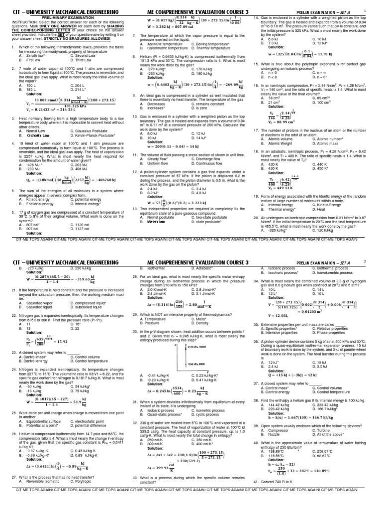 Thermodynamics Exam Questions and Solutions | PDF | Gases | Heat