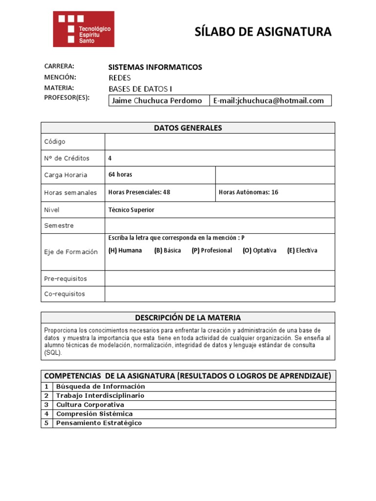 SÍLABO 2014 - Base de Datos I | PDF | Bases de datos | SQL