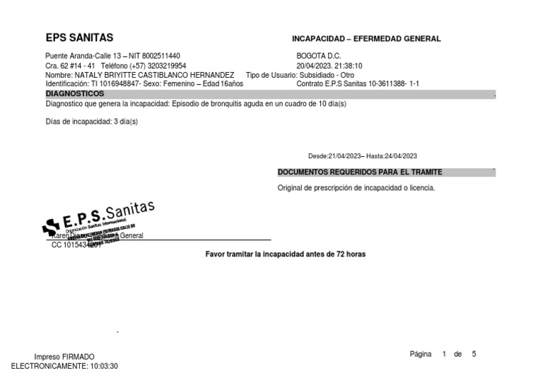 Valoracion incapacidad eps-sanitas | PDF