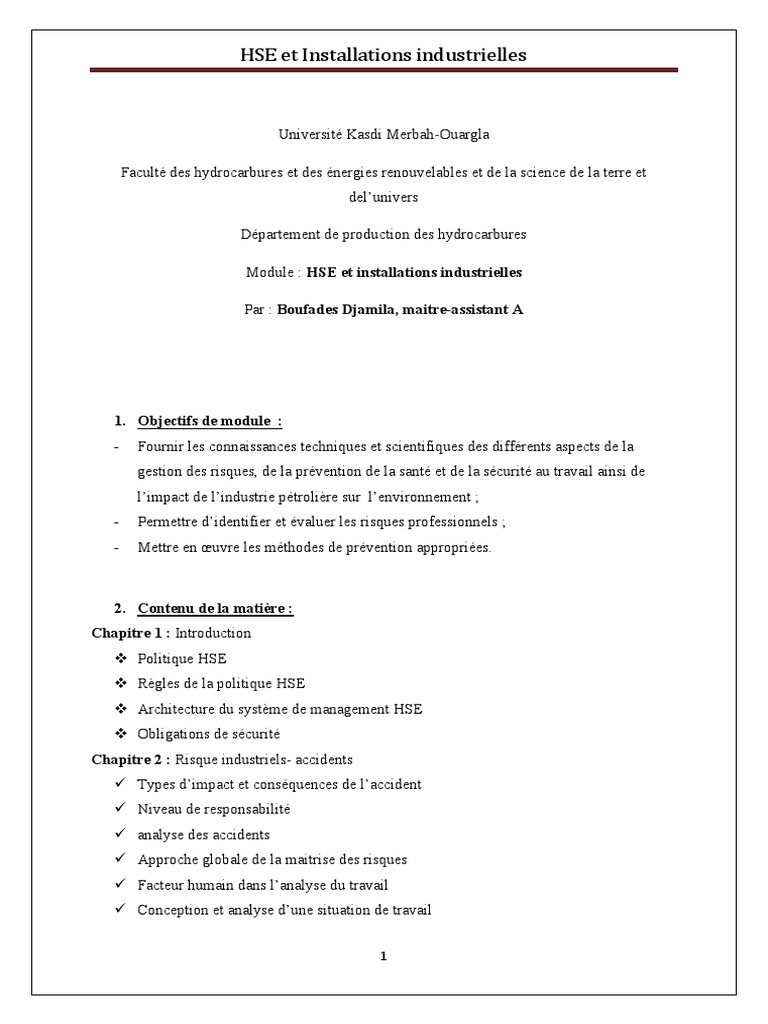 HSE Et Installations Industrielles: 1. Objectifs de Module | PDF ...