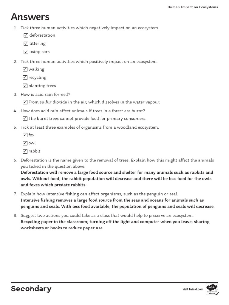 Human Impact on Ecosystems Questions Answers | PDF