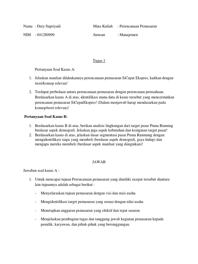 Tugas 1 PERENCANAAN PEMASARAN | PDF | Karier & Perkembangan | Pengelolaan Keuangan & Uang