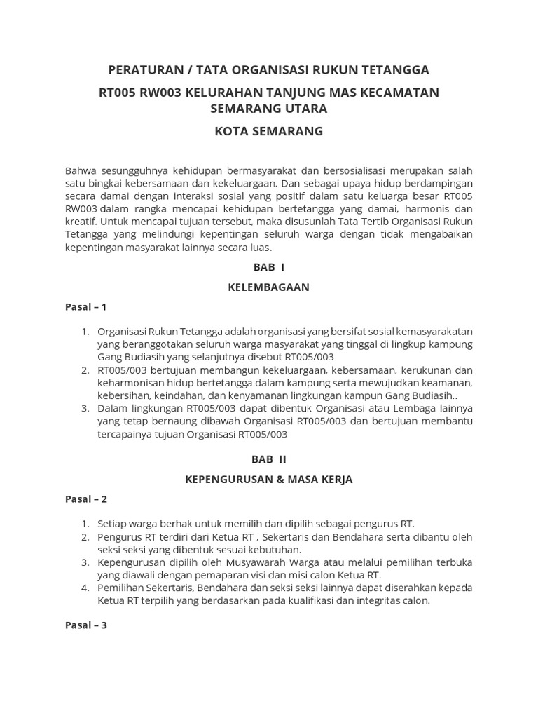 Peraturan Tata Tertib Warga RT 005 RW 003 Kel. Tanjung Mas, Kec. Semarang Utara PDF | PDF