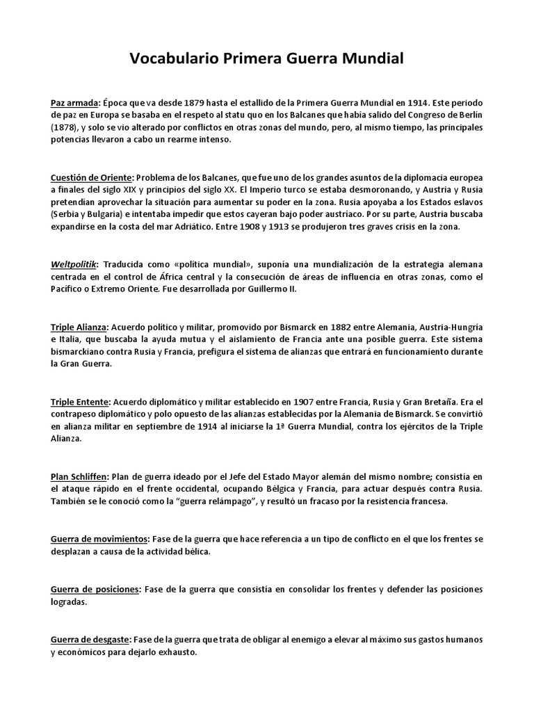 Vocabulario Primera Guerra Mundial | PDF | Tratado de Versalles ...