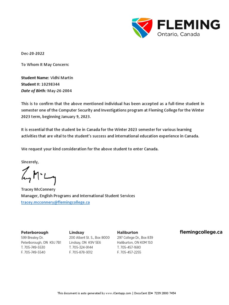 Fleming College Acceptance Confirmation | PDF