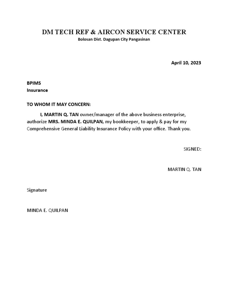 Authorization Letter for Insurance Claim | PDF