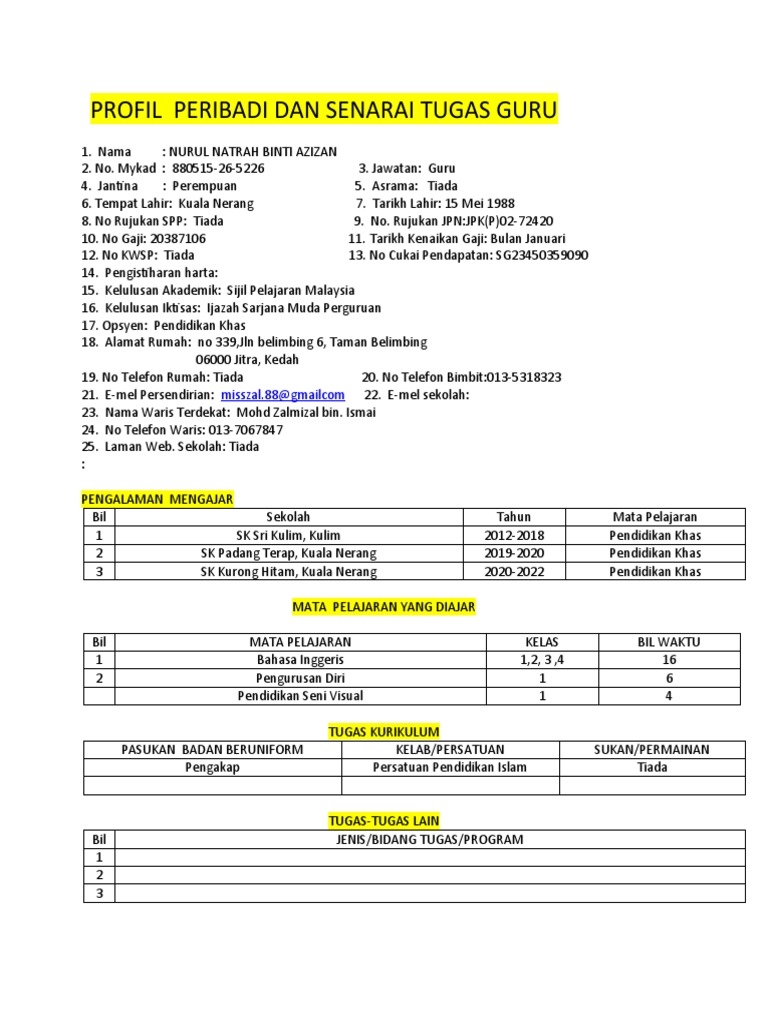 Profile Peribadi Dan Senarai Tugas Guru 2021 | PDF