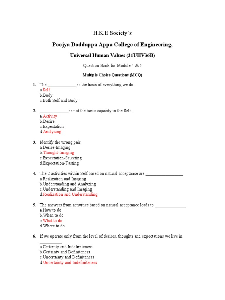 UHV Module 4 and 5 QB - MCQs | PDF | Self Control | Self-Management