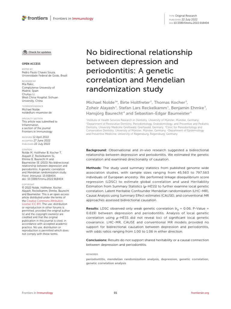 No Bidirectional Relationship Between Depression and Periodontitis: A ...