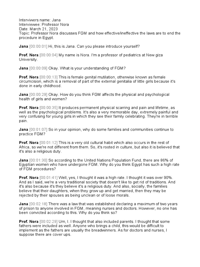 Jana Sobhy Interview Transcript Pdf Female Genital Mutilation 