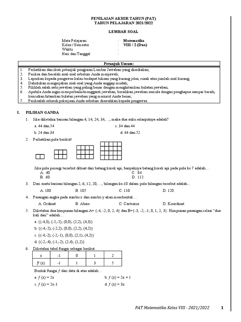 Soal PAT MTK Kelas VIII | PDF