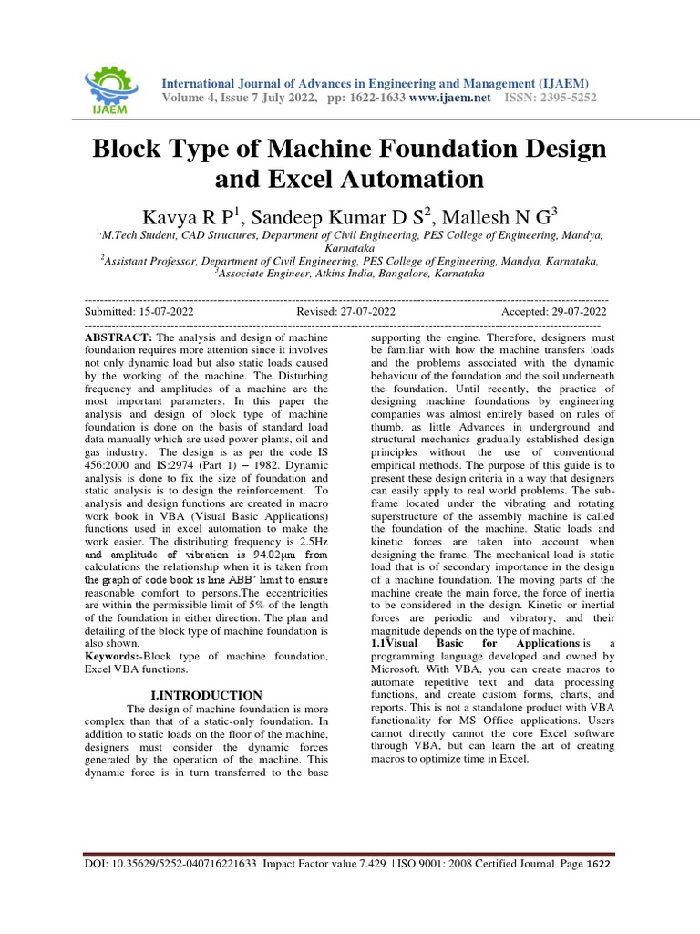 Block Type Of Machine Foundation Design And Excel Automation Pdf
