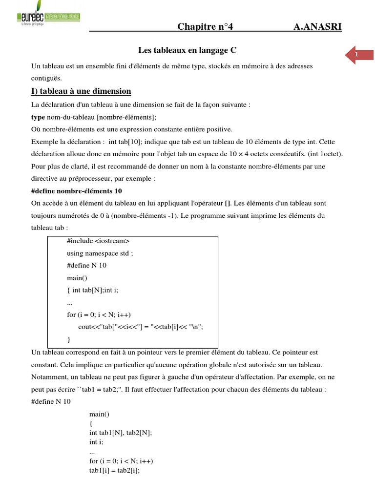 Chapitre N°4 Les Tableaux | Descargar gratis PDF | C (Langage de ... Chapitre N°4 Les Tableaux | Descargar gratis PDF | C (Langage de ...