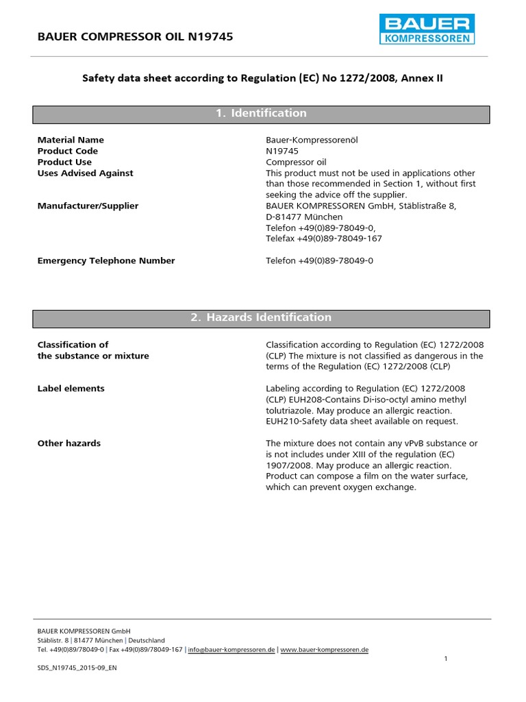 Bauer Compressor Oil Safety Data Sheet | PDF | Toxicity | Dangerous Goods