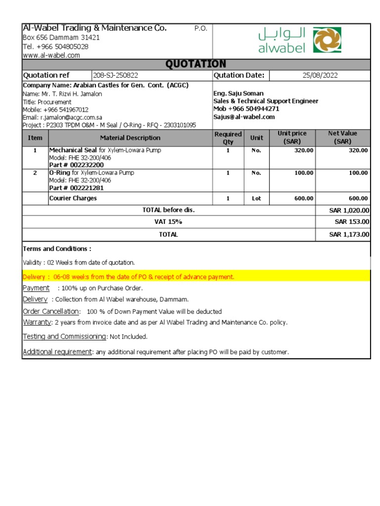 Quotation for Xylem-Lowara Pump Parts | PDF