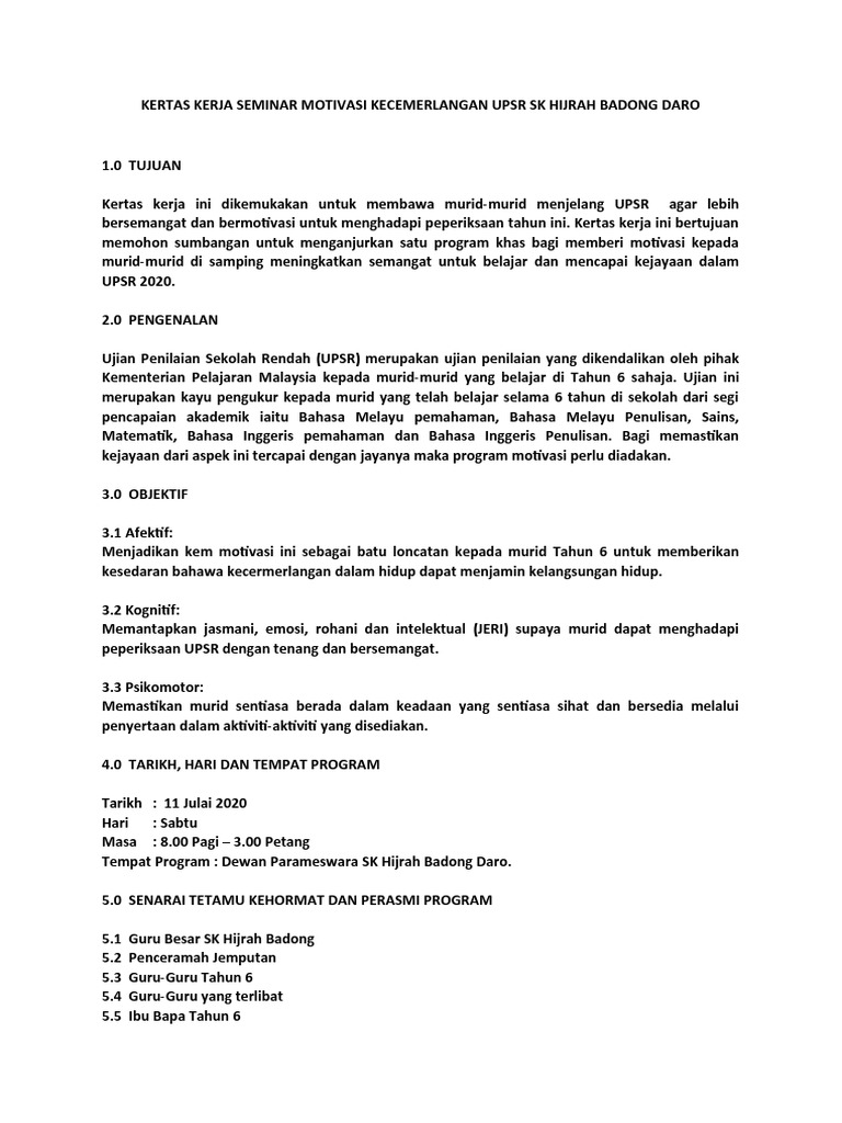 Kertas Kerja Seminar Motivasi Kecemerlangan Upsr SK Hijrah Badong Daro ...