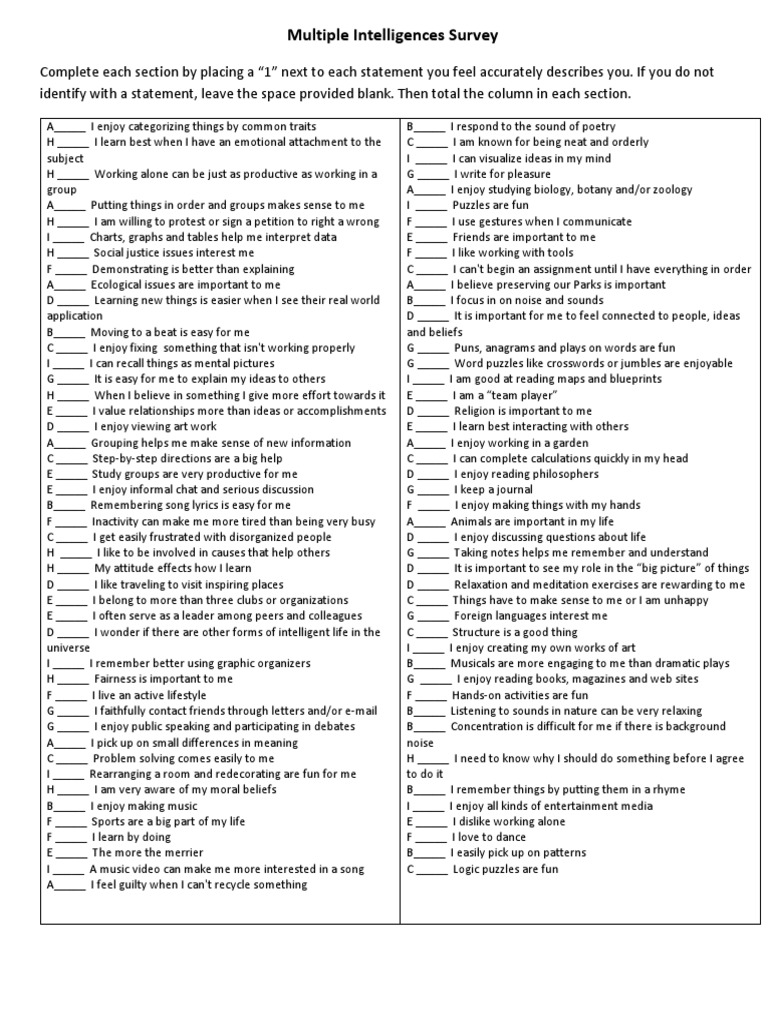 Multiple Intelligences Survey Form | PDF | Intelligence | Mind
