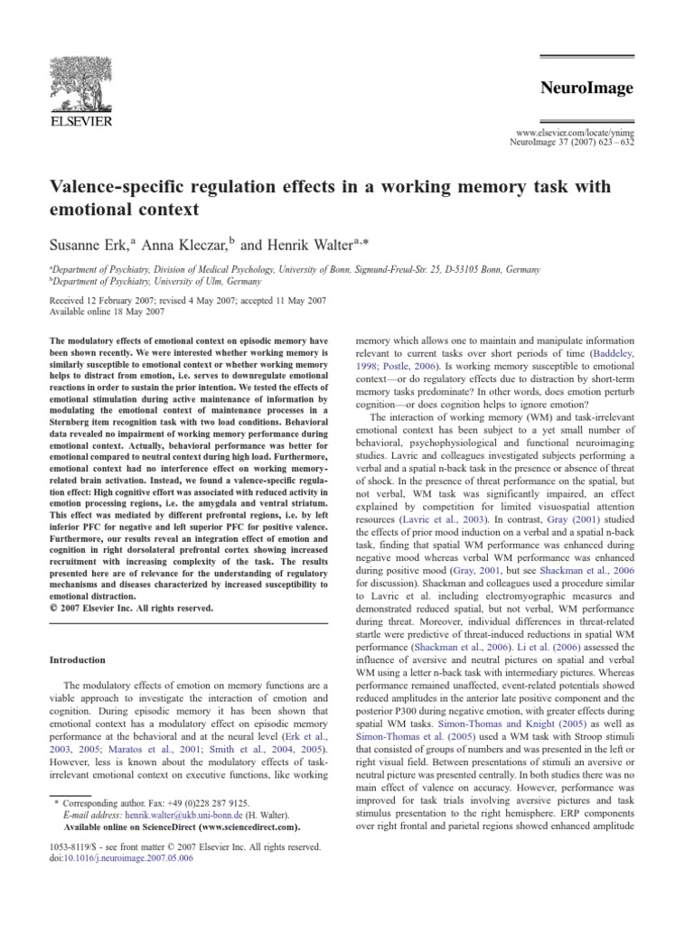 Valence-Specific Regulation Effects in A Working Memory Task With Emotional Context | PDF ...