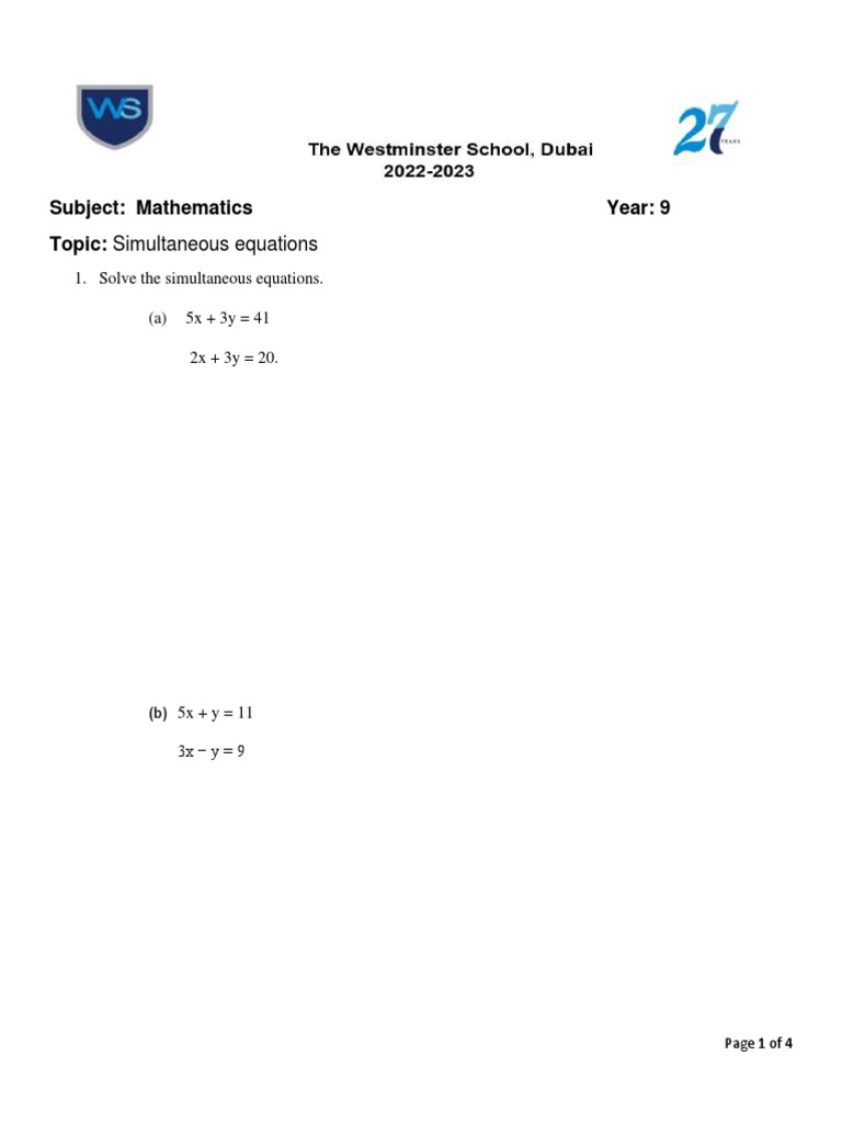 Yr 9 - Simultaneous Equations | PDF | Teaching Methods & Materials | Home & Garden