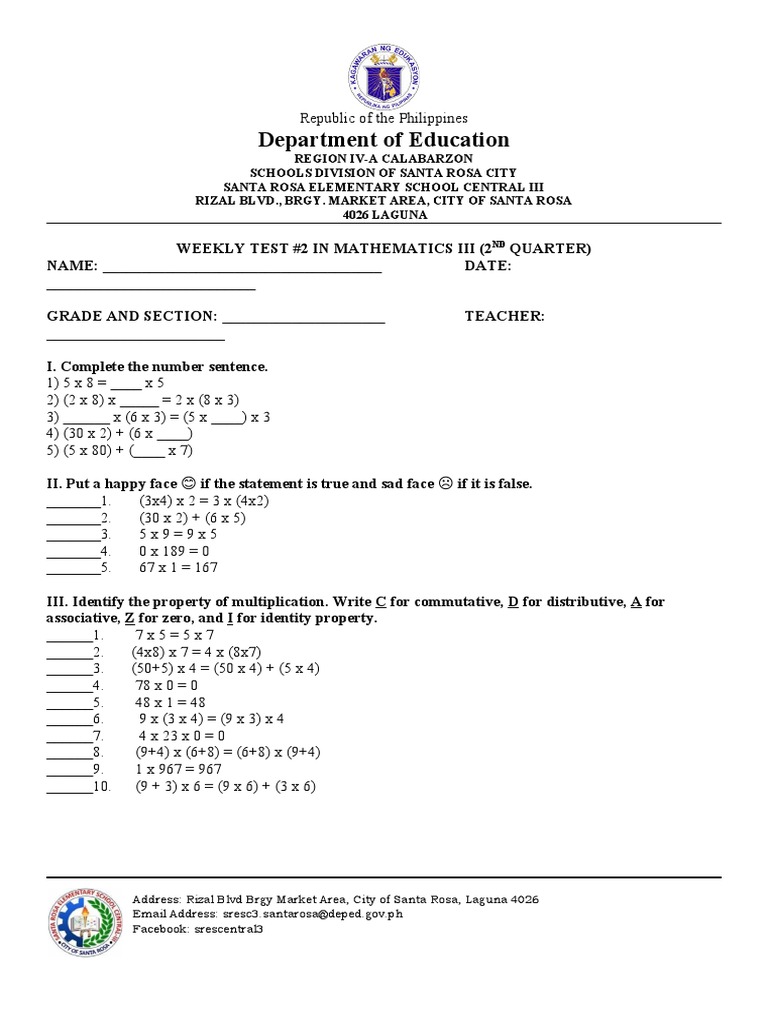 Santa Rosa Elementary School Math Test | PDF | Multiplication ...