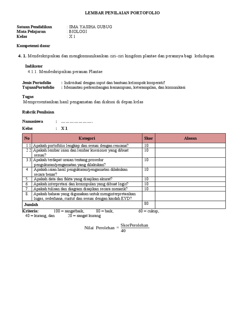 Lembar Penilaian Portofolio | PDF | Karier & Perkembangan