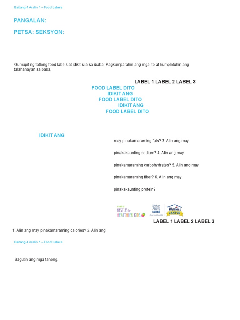 Lesson 1 - Food Labels Worksheet 2 | PDF