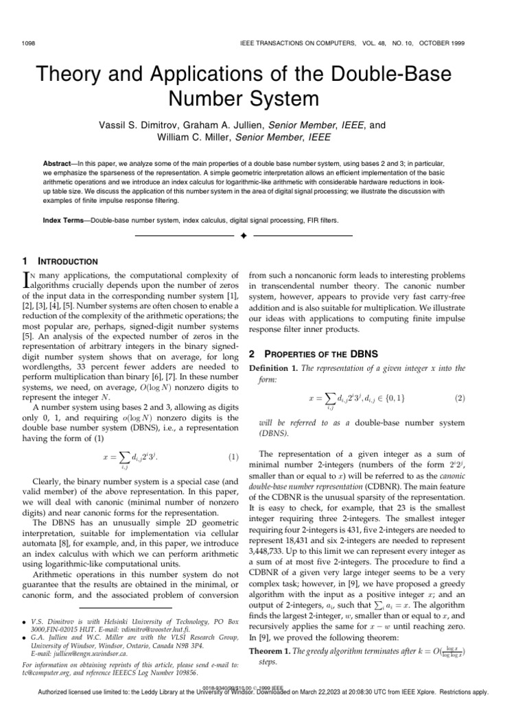 Theory and Applications of The Double-Base Number System | PDF | Numbers | Multiplication