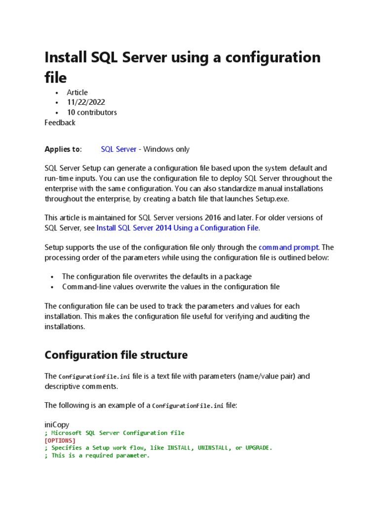 Install SQL Server Using A Configuration File | PDF