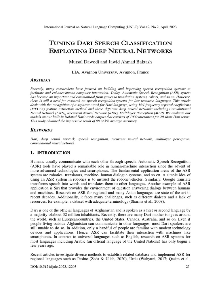 Tuning Dari Speech Classification Employing Deep Neural Networks | PDF | Speech Recognition ...