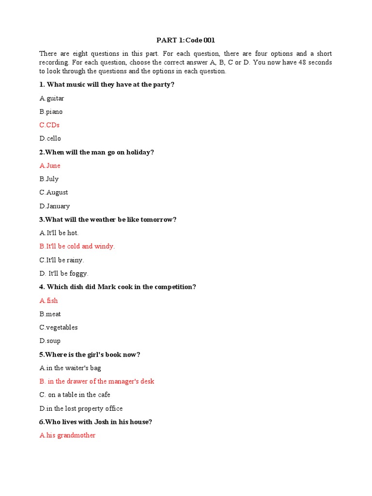 Part 1 Listening Code 1 10 Pdf