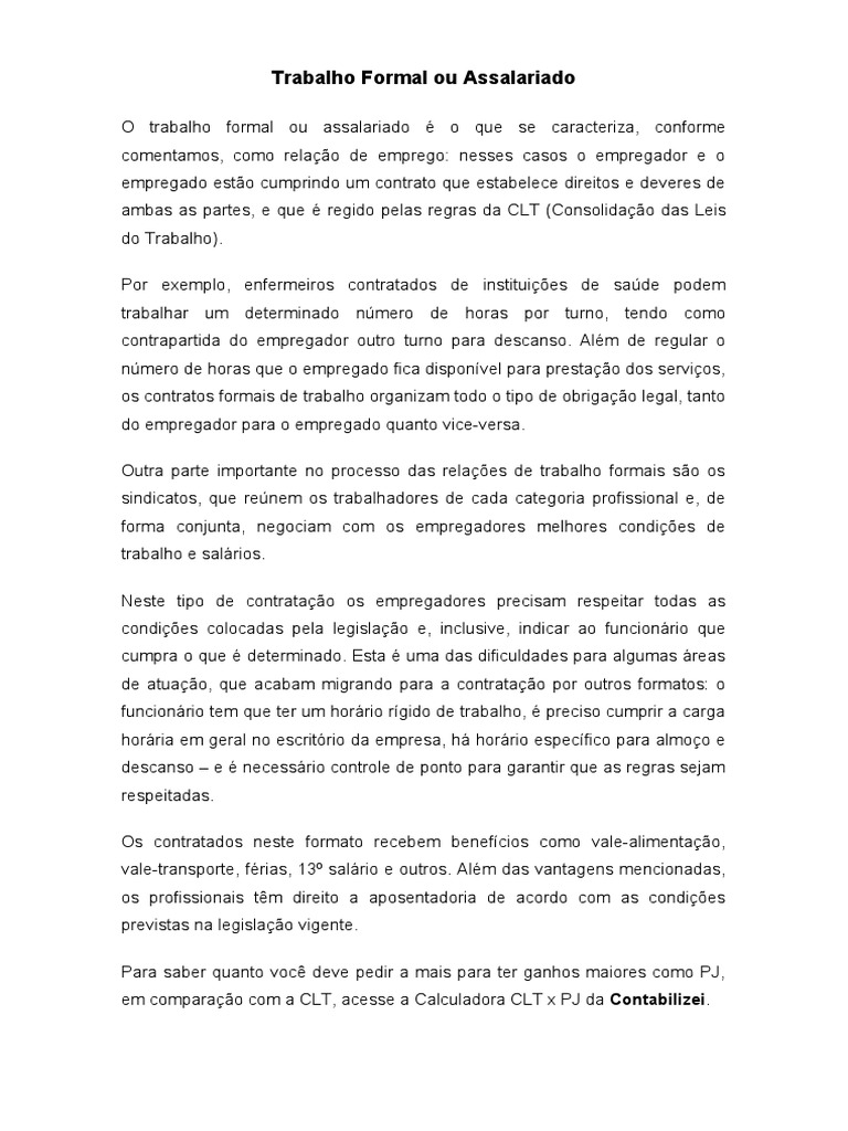 Trabalho Formal Ou Assalariado | PDF | Salário | Classe trabalhadora