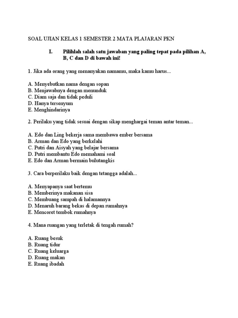 Soal Ujian Kelas 1 Semester 2 Mata Plajaran PKN | PDF | Olahraga & Rekreasi | Griya & Taman