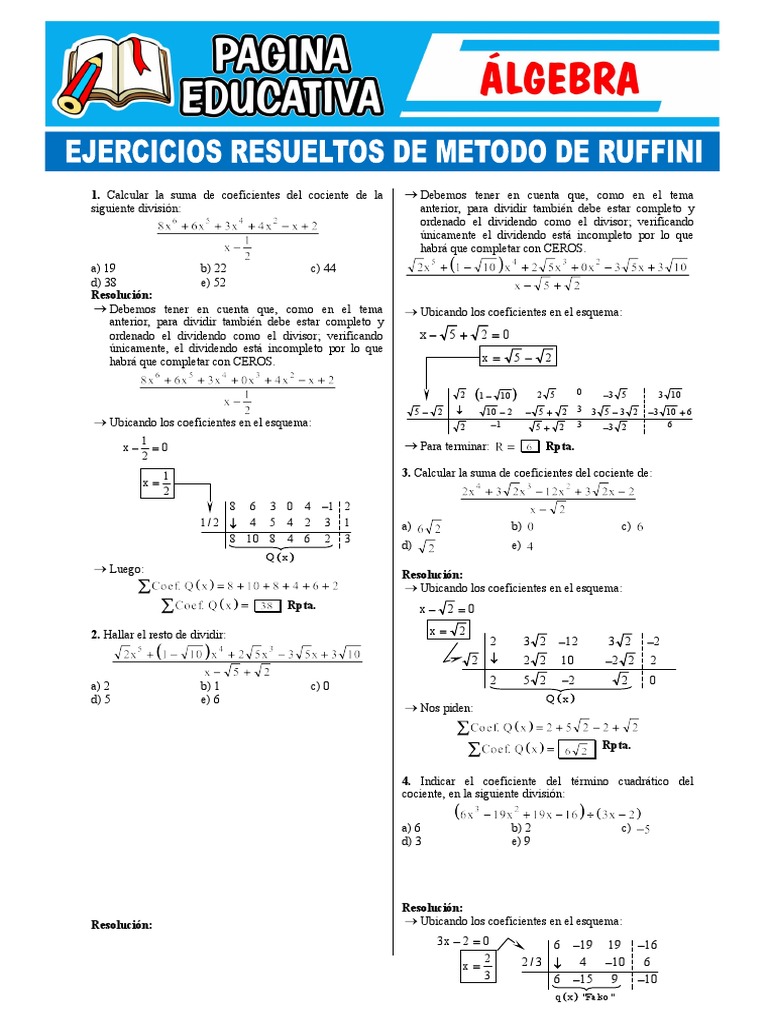 Ejercicios-Resueltos-del-Metodo-de-Ruffini-Pagina-Educativa | PDF | División (Matemáticas ...