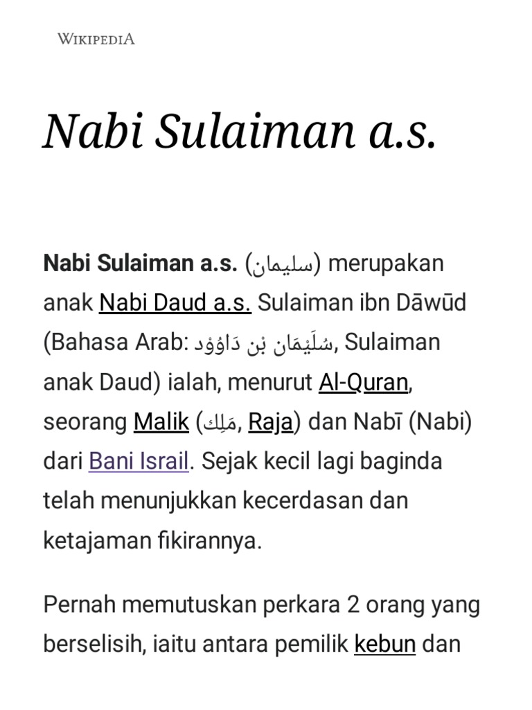 Nabi Sulaiman A.S. - Wikipedia Bahasa Melayu, Ensiklopedia Bebas | PDF