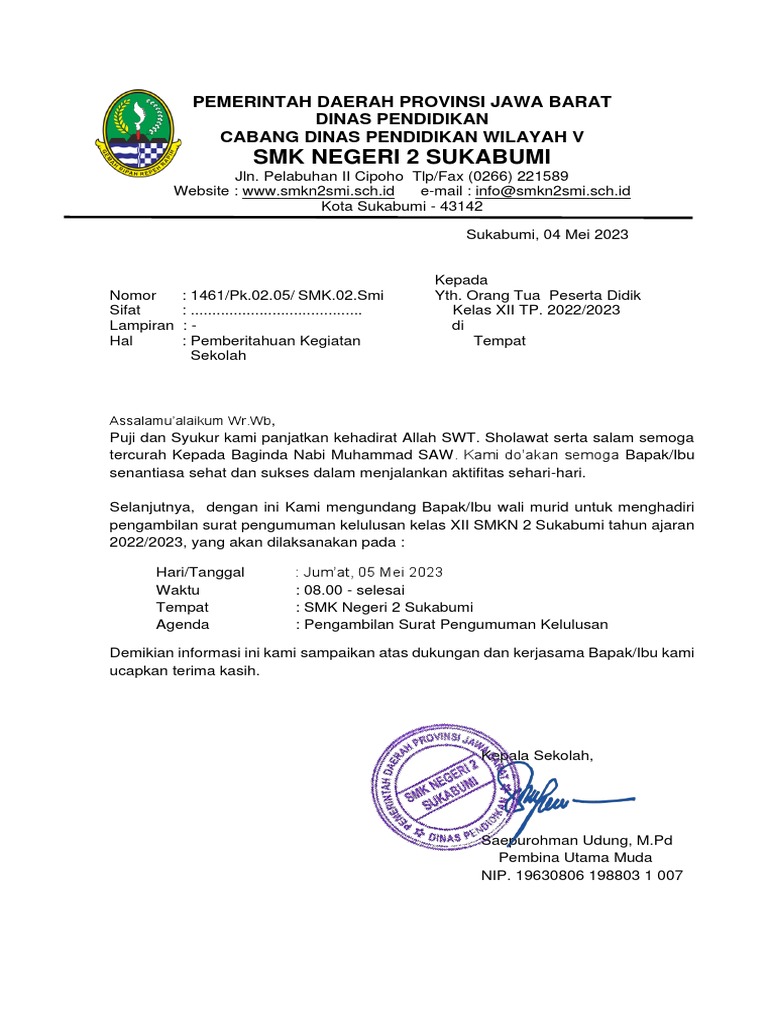 Surat Undangan Pengumuman Kelulusan Ortu | PDF