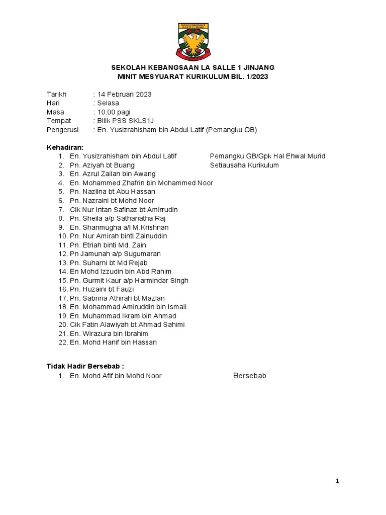 Minit Mesyuarat Kurikulum Bil 1 2023 | PDF