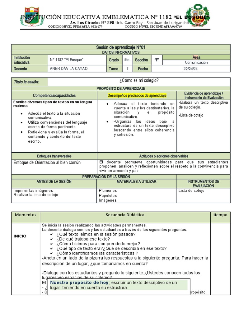 JUEVES 20-04-23 COMUNICACION - Cómo Es Mi Colegio | PDF | Aprendizaje ...