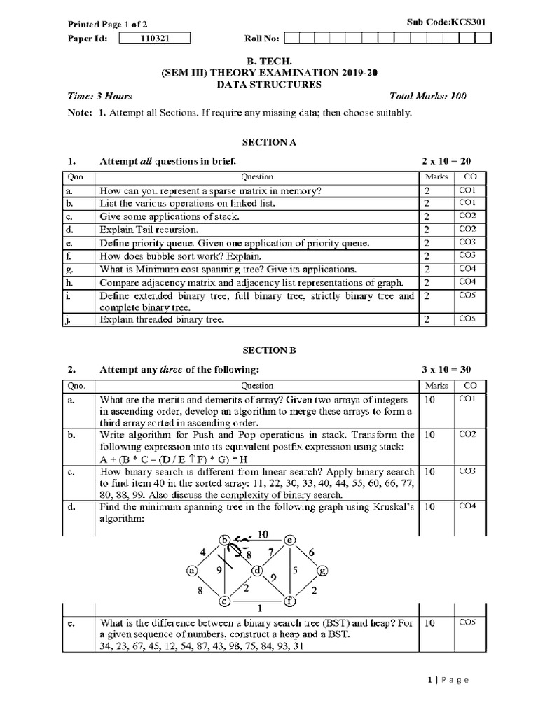 Btech Cs 3 Sem Data Structures Kcs301 2020 | PDF