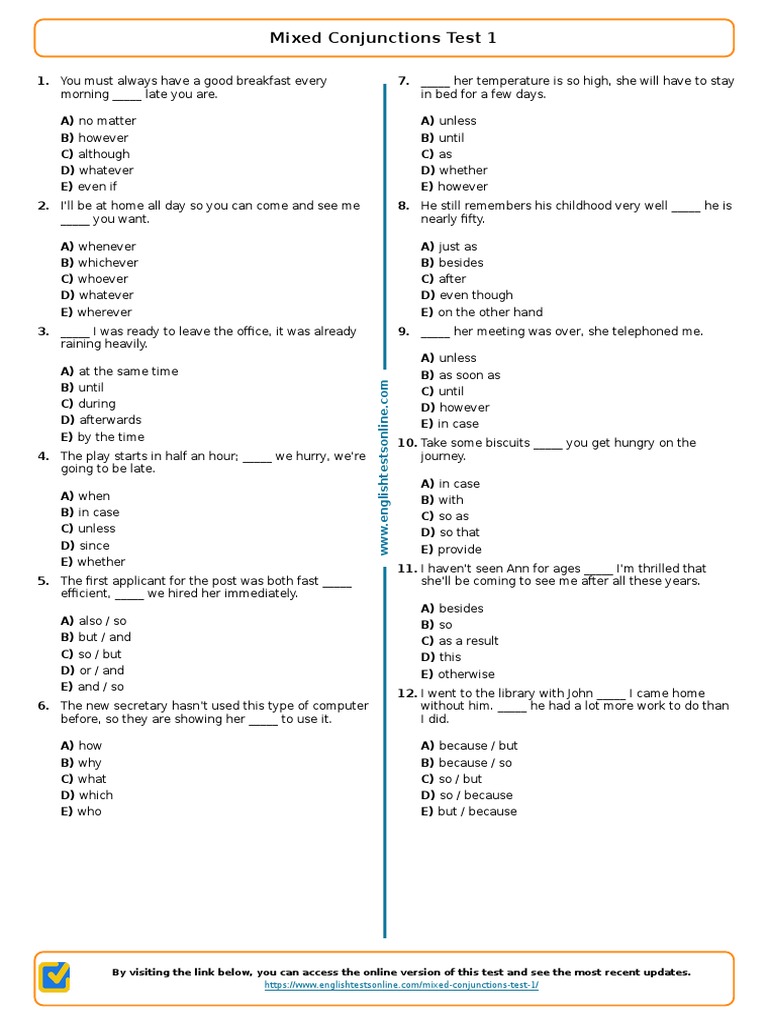 1820 Mixed Conjunctions Test 1 | PDF