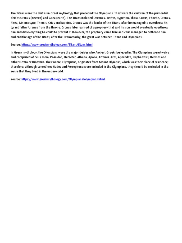 The Titans Were The Deities in Greek Mythology That Preceded The ...