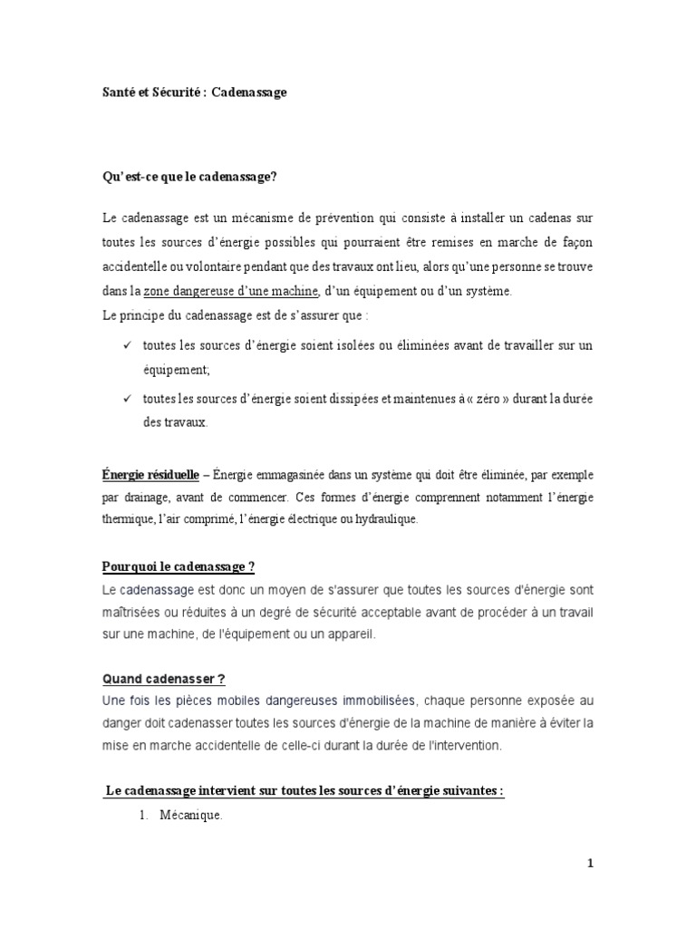 Guide Sécurité : Cadenassage Énergie | PDF | Risque | Sécurité