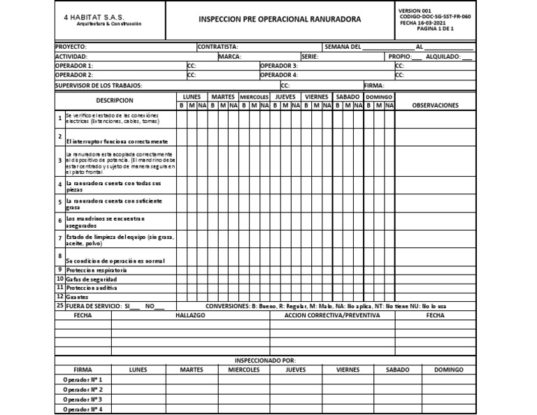 Inspección Preoperacional Ranuradora | PDF | Ingenieria Eléctrica