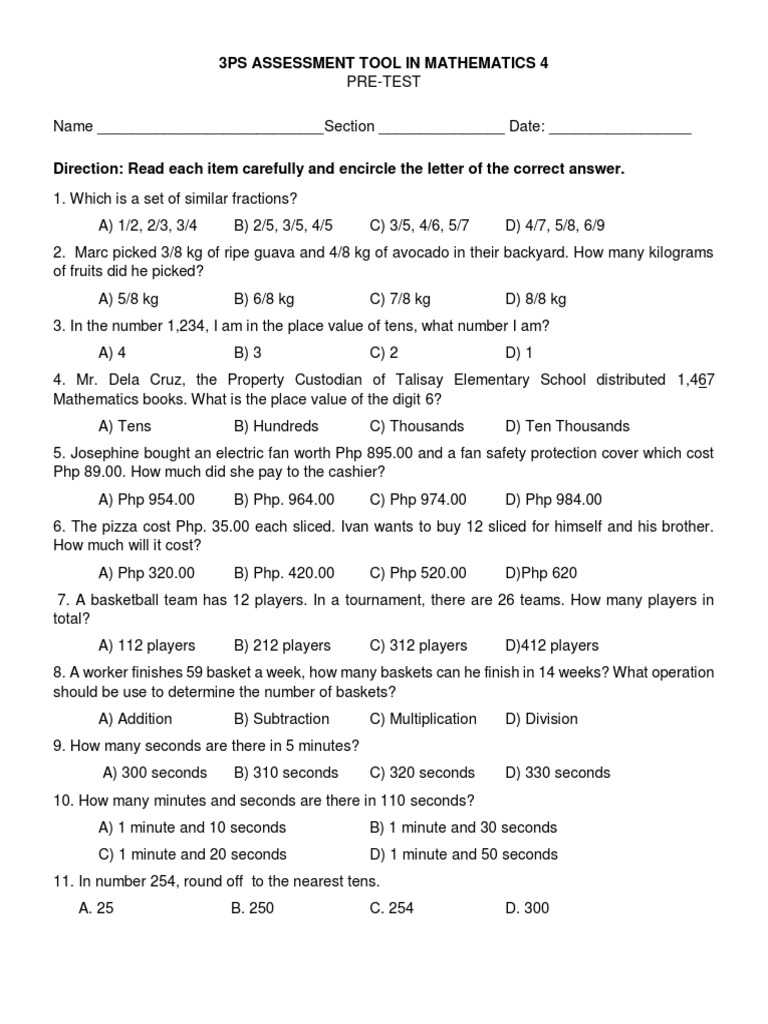 3Ps PRE TEST GRADE 4 MATH | PDF